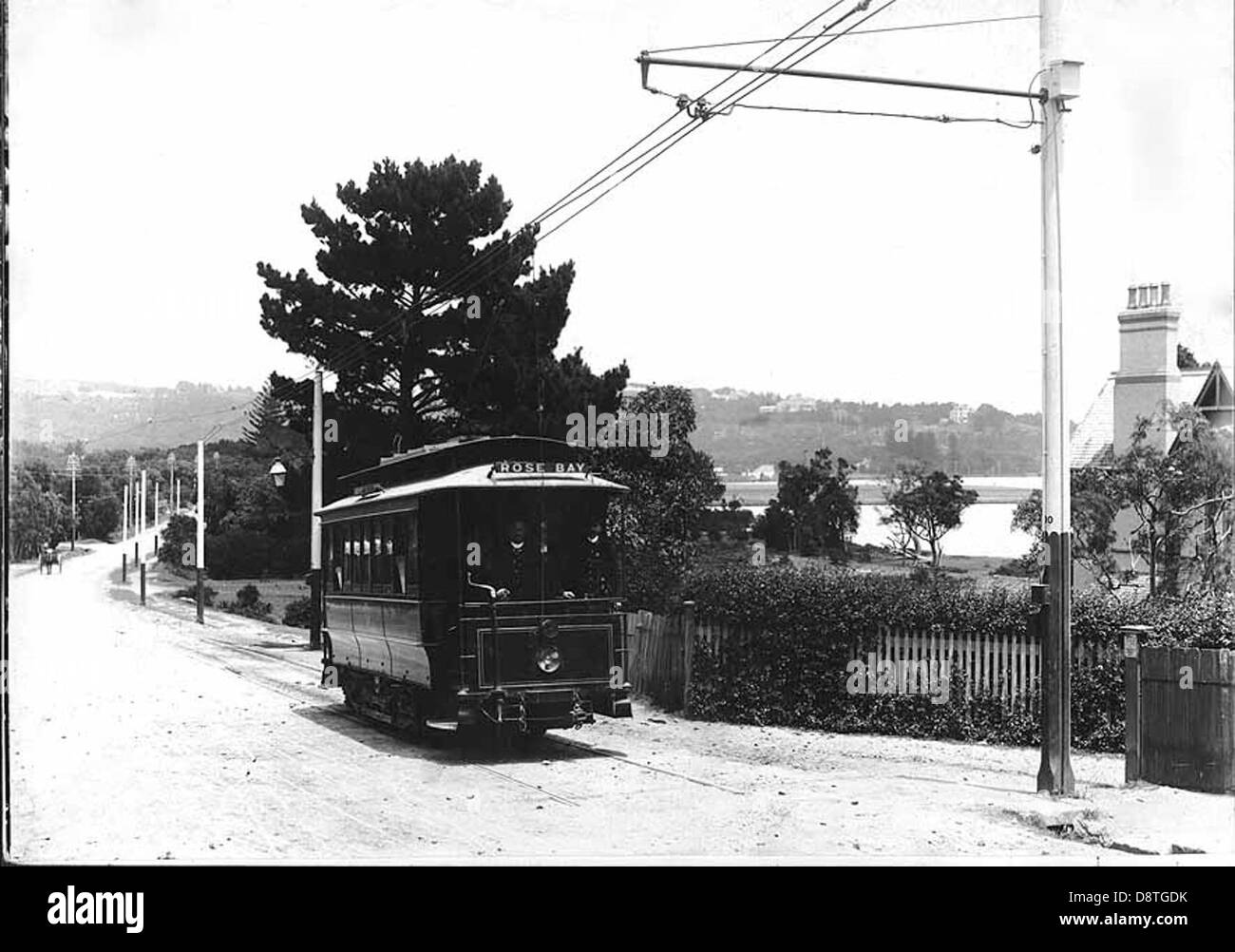 A historical black-and-white photo of the Rose Bay tram in operation ...