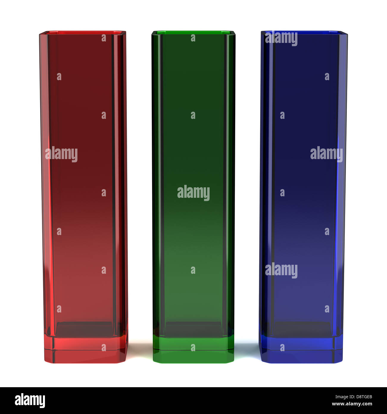 three color glass vases isolated on white Stock Photo - Alamy
