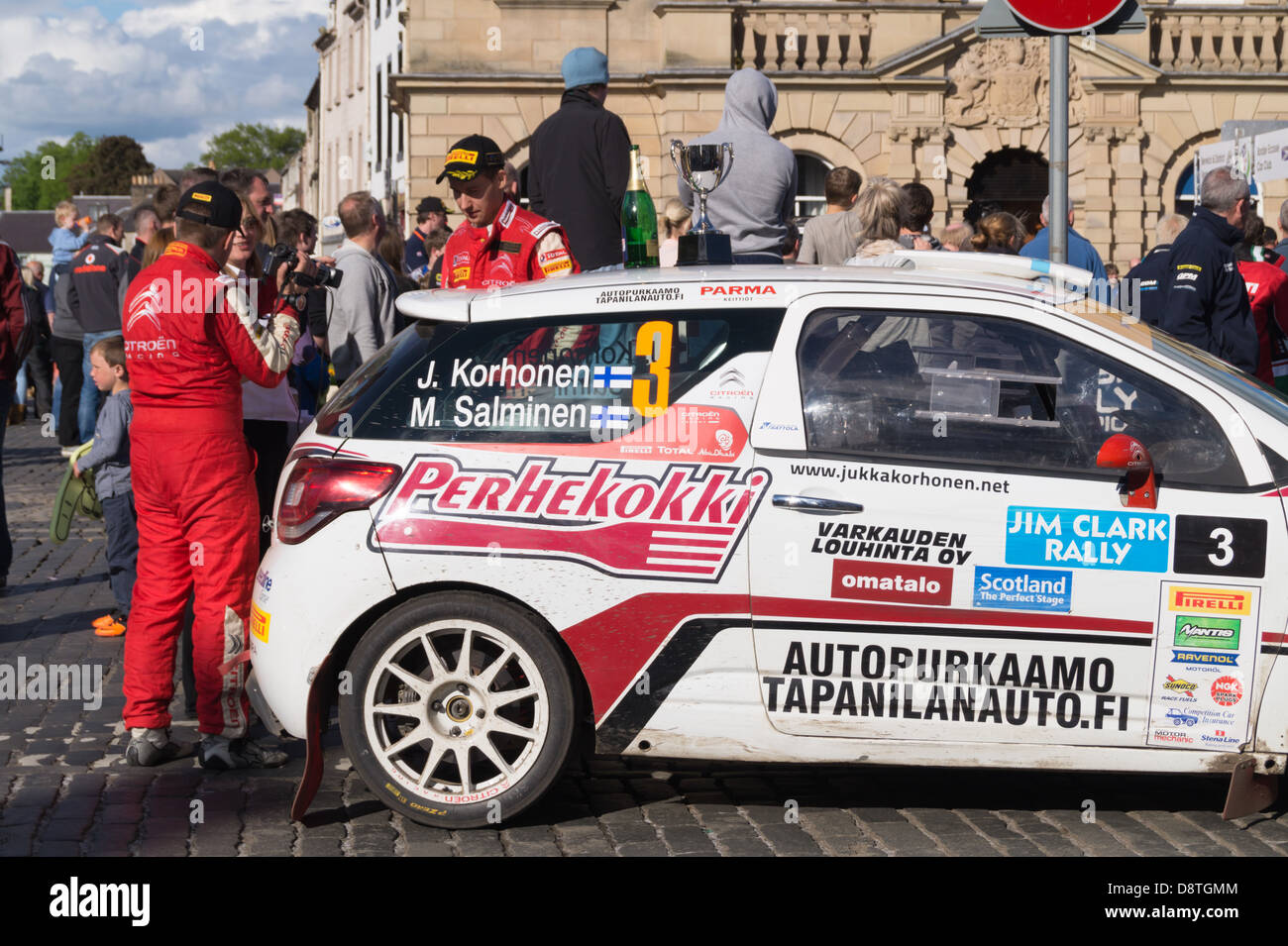 End of the Jim Clark Rally 2013 in Kelso, Scotland. With trophy, in the ...