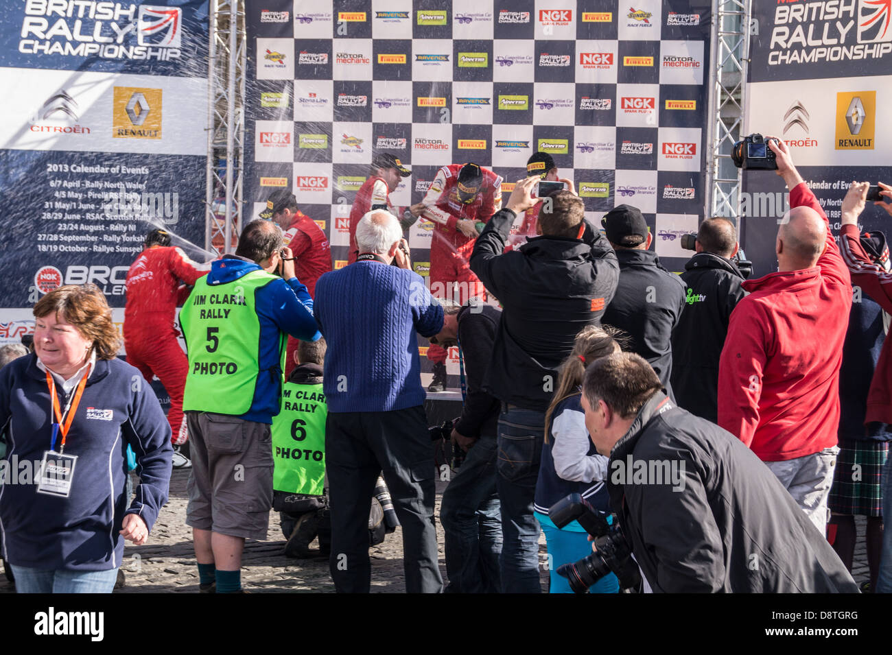 End of the Jim Clark Rally 2013 in Kelso, Scotland. At the winning post ...