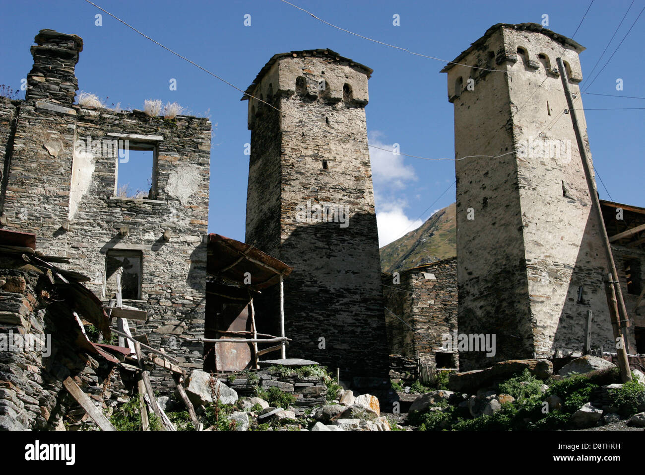 Defensive stone towers and traditional houses in Ushguli village near ...