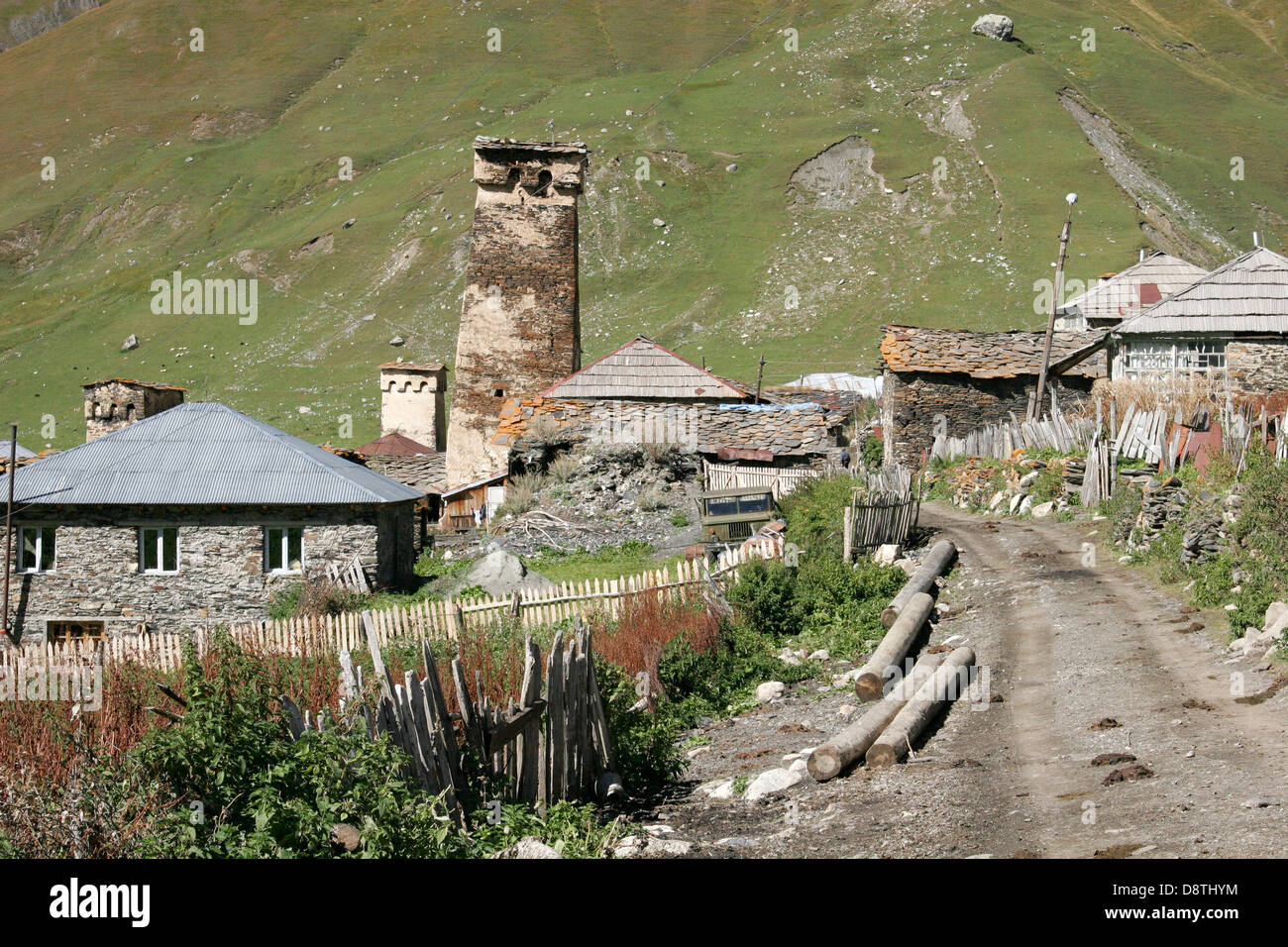 Defensive stone towers and traditional houses in Ushguli village near ...