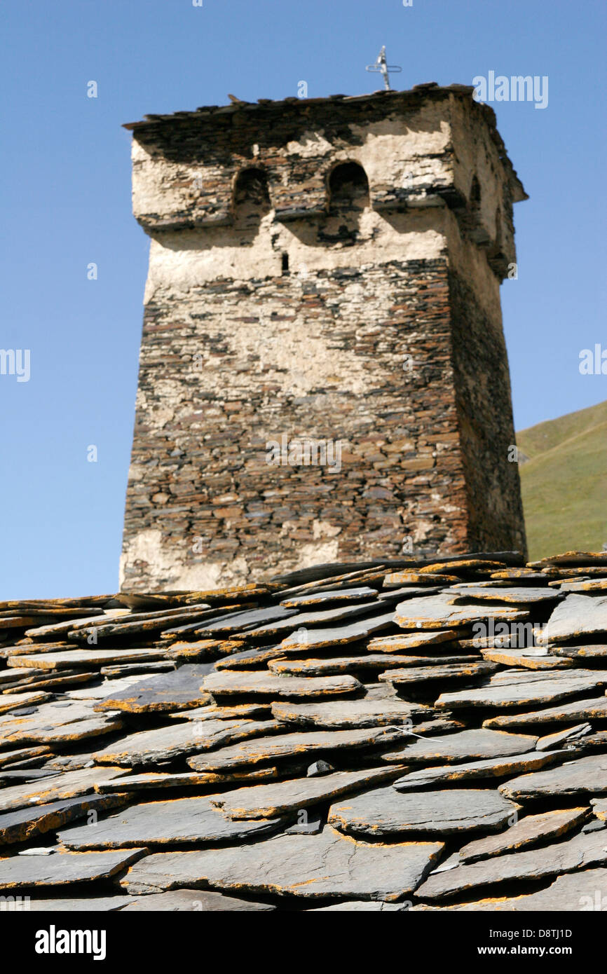 Defensive stone towers and traditional houses in Ushguli village near ...