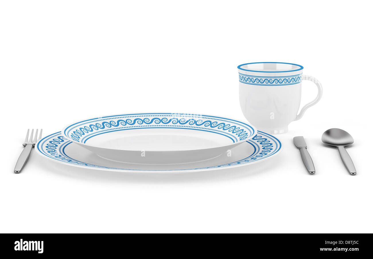 table setting with cup isolated on white Stock Photo - Alamy