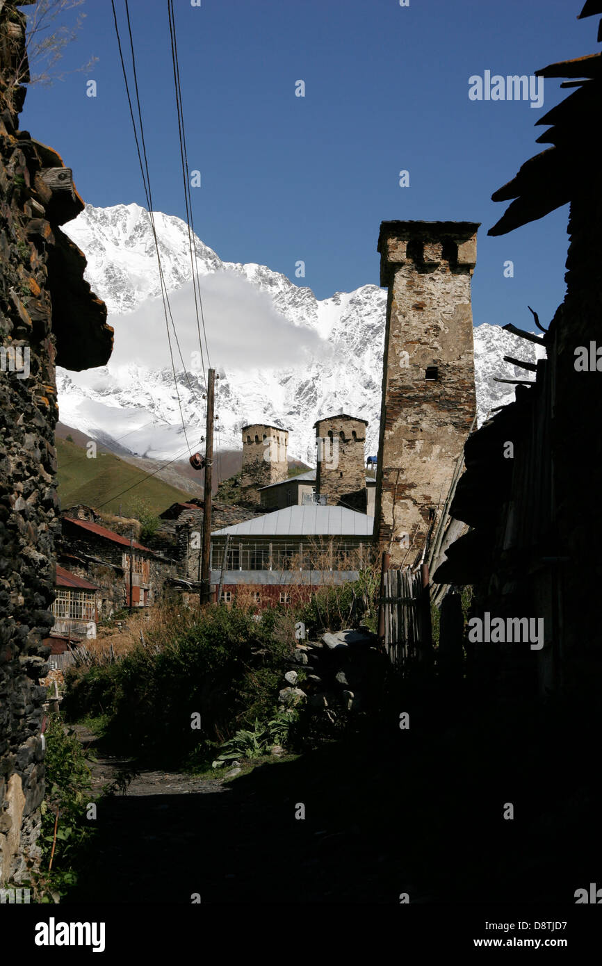 Defensive stone towers and traditional houses in Ushguli village near ...