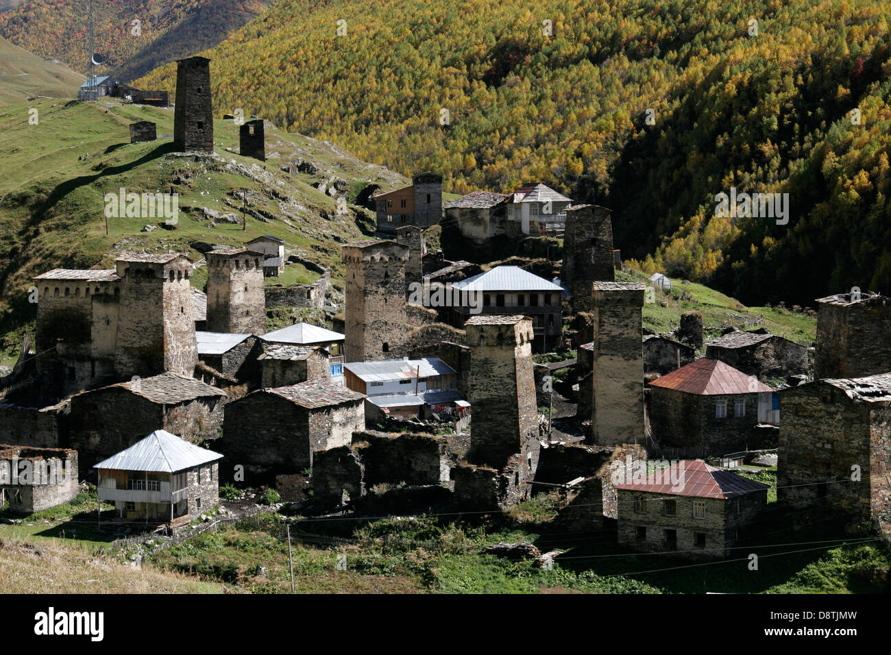 Defensive stone towers and traditional houses in Ushguli village near ...