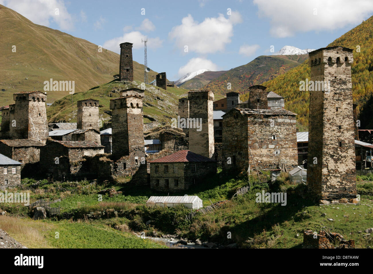 Defensive stone towers and traditional houses in Ushguli village near ...