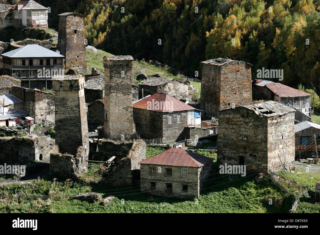 Defensive stone towers and traditional houses in Ushguli village near ...