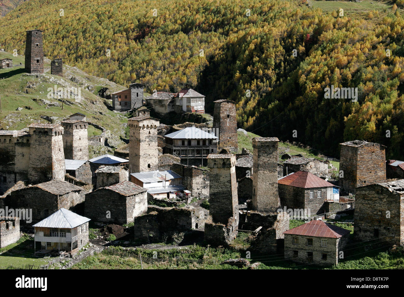 Defensive stone towers and traditional houses in Ushguli village near ...