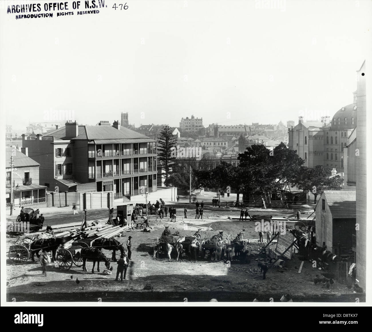 A historical photograph taken in 1888, showing Bent and Young Streets ...