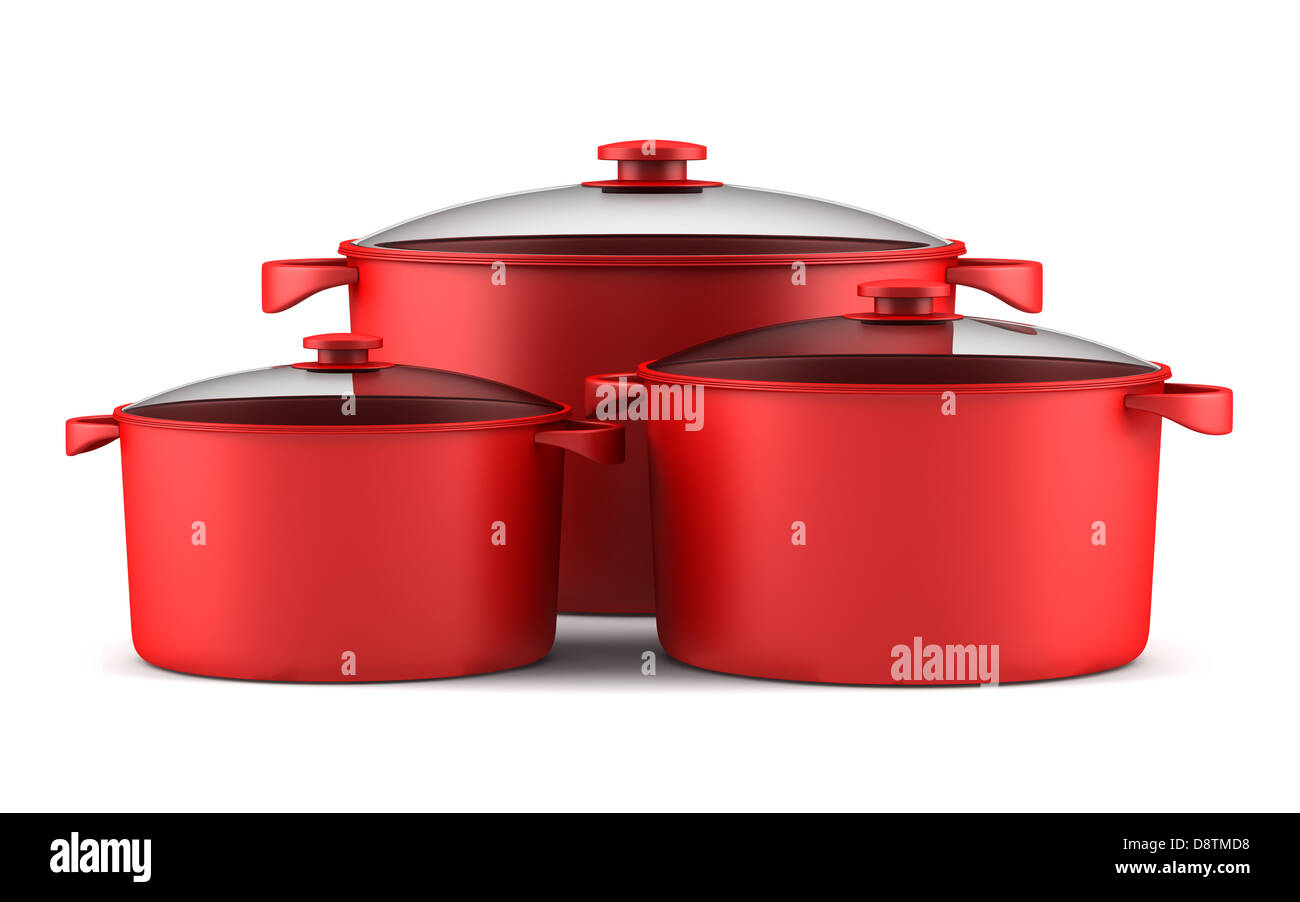 three red cooking pans isolated on white Stock Photo - Alamy