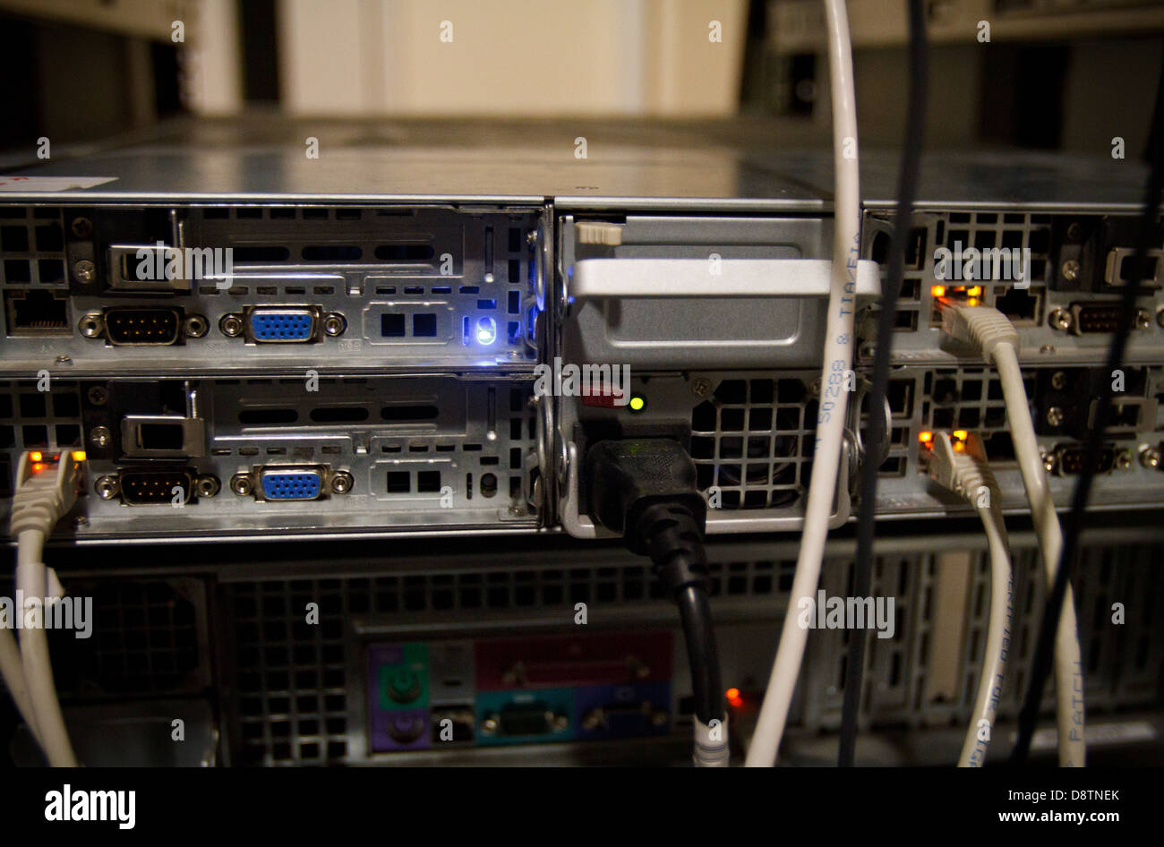 Leads plugged into a computer server in an office environment Stock ...