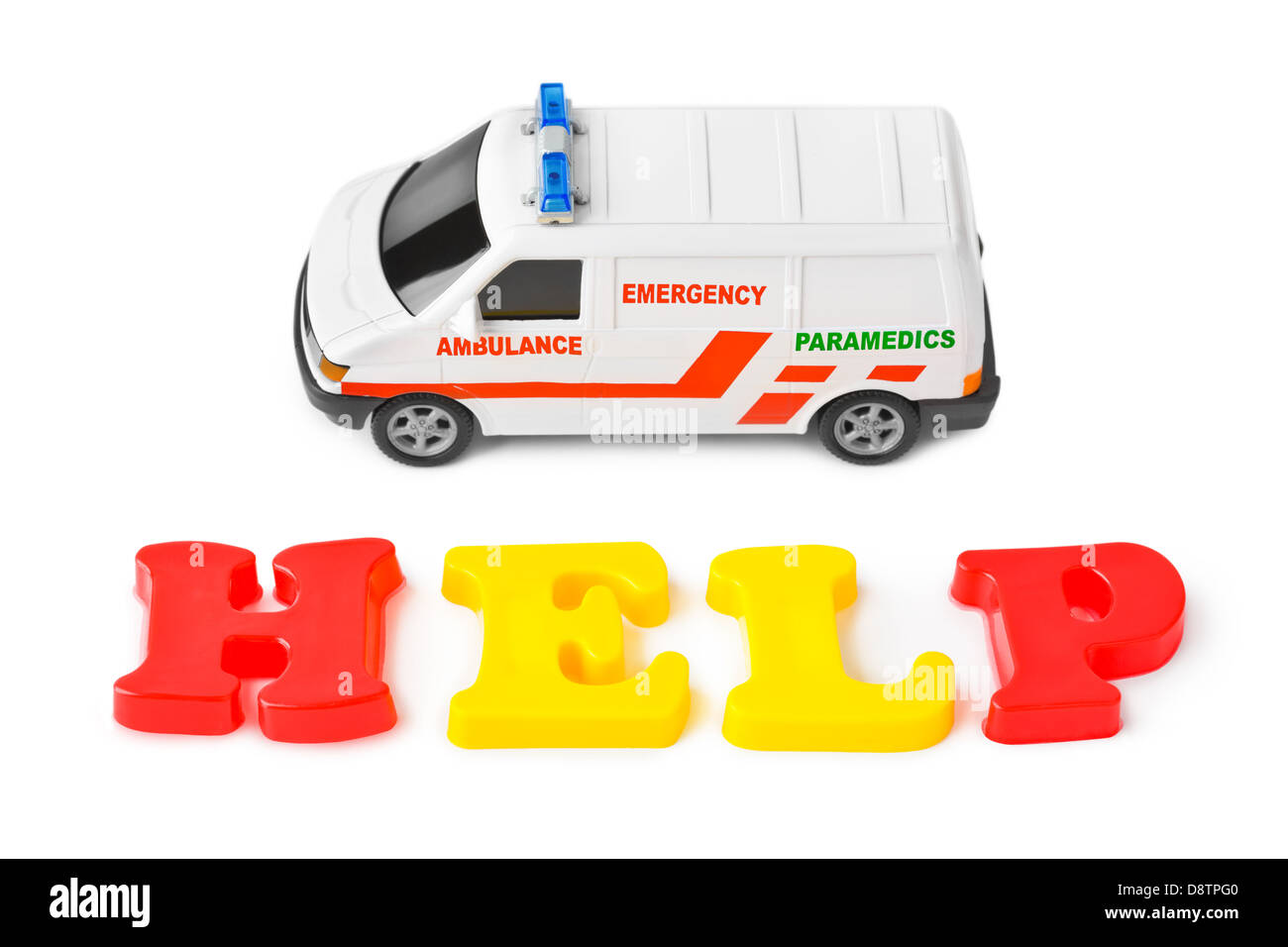 Toy ambulance car and word help Stock Photo - Alamy