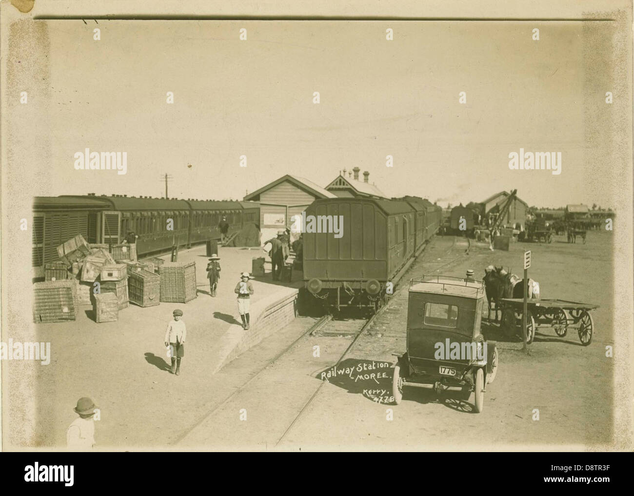 This historic black and white photograph captures the Moree railway ...