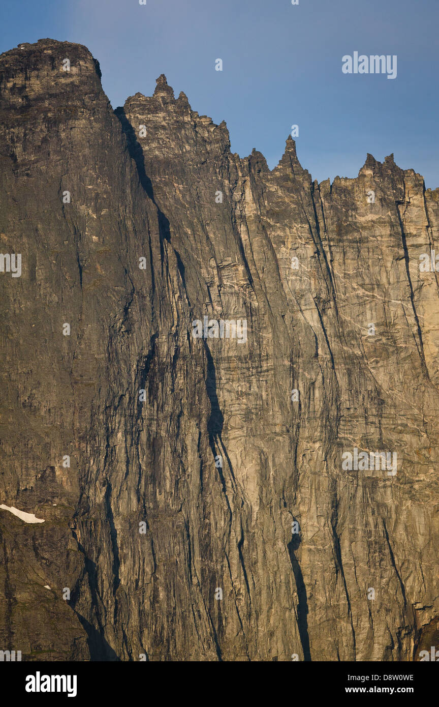 Early morning sunlight on Trollveggen, or the Troll Wall, and the peaks ...