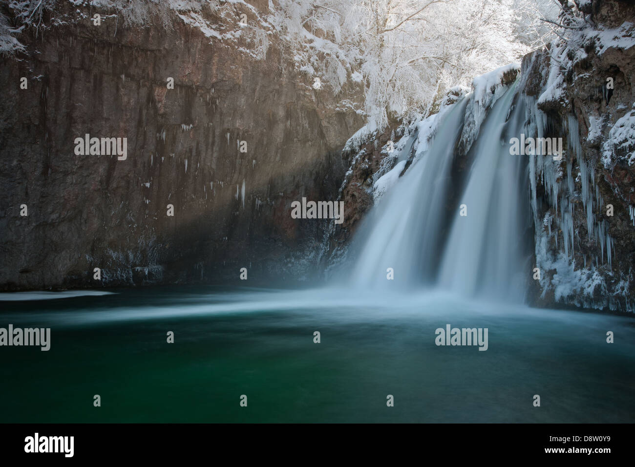 The first waterfall on river Korana in winter, National Park Plitvice ...