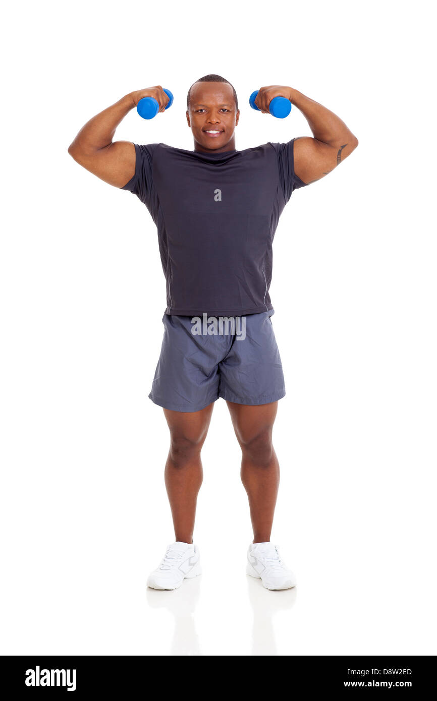 afro american muscular man showing muscles, exercising with dumbbells ...