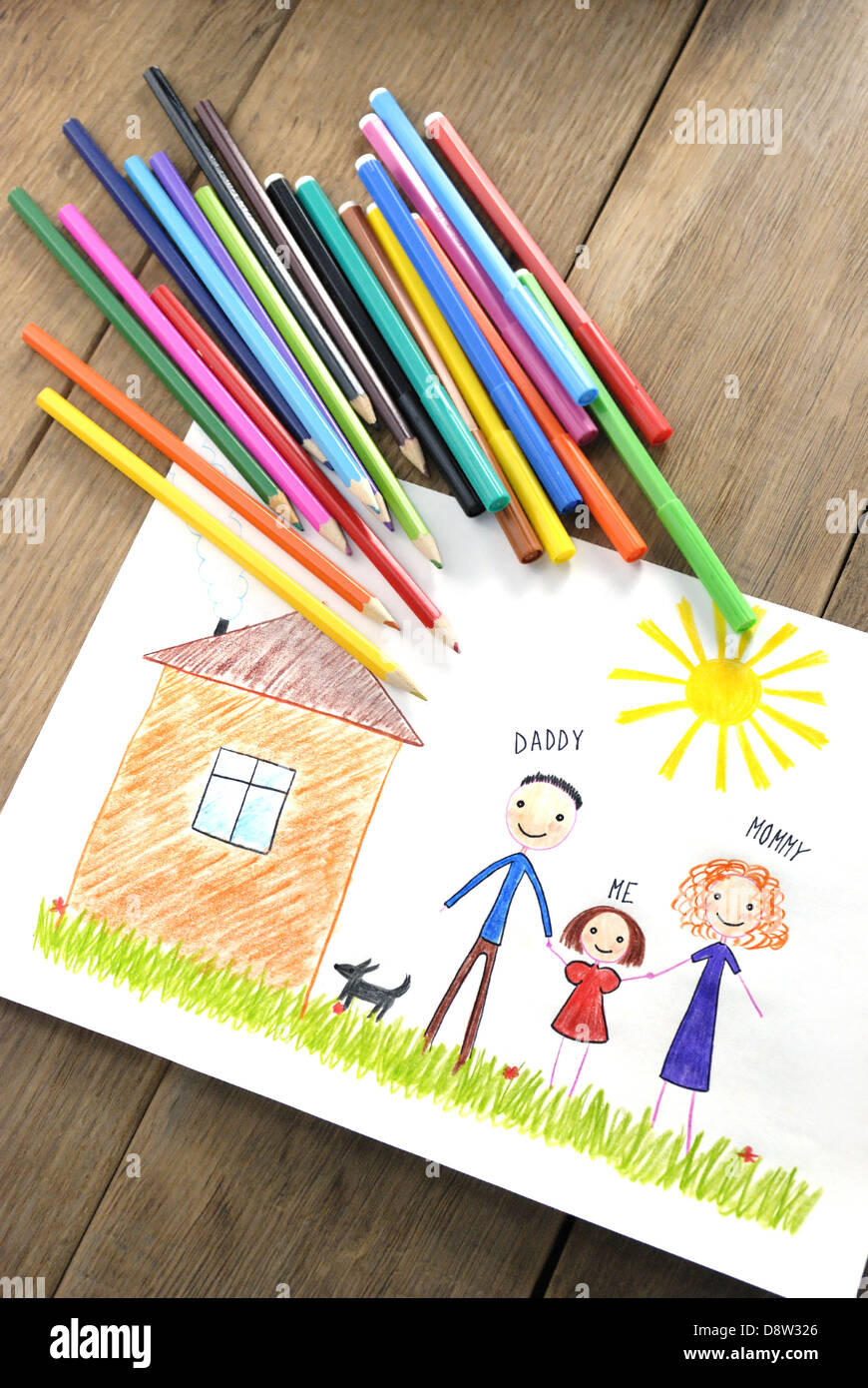 kids drawing happy family near their house Stock Photo - Alamy
