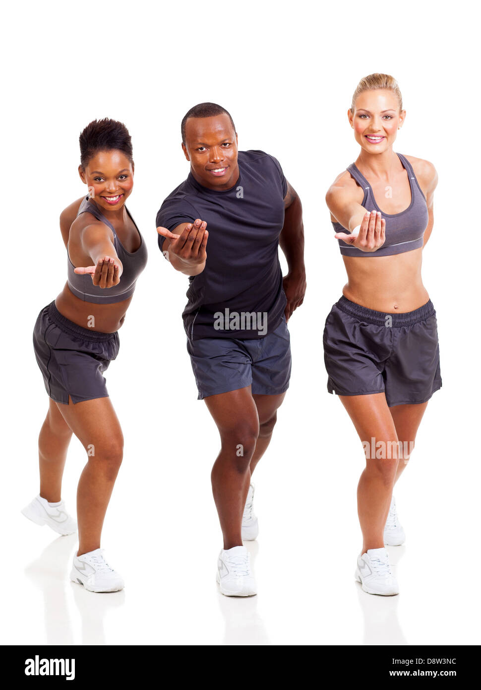 cheerful group fit people inviting to join exercise on white background ...