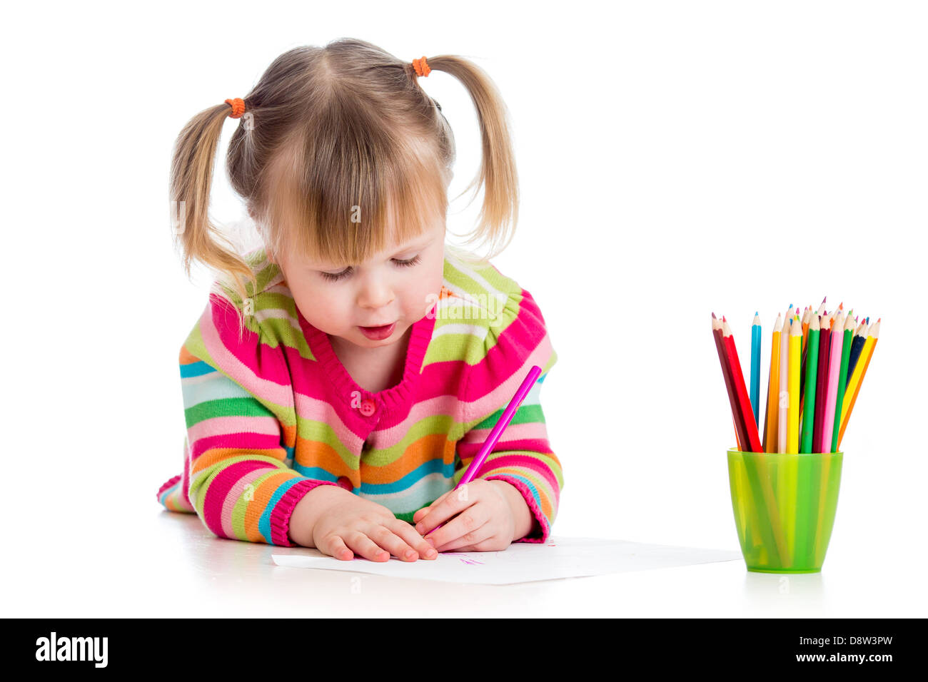 child drawing with colourful pencils Stock Photo - Alamy