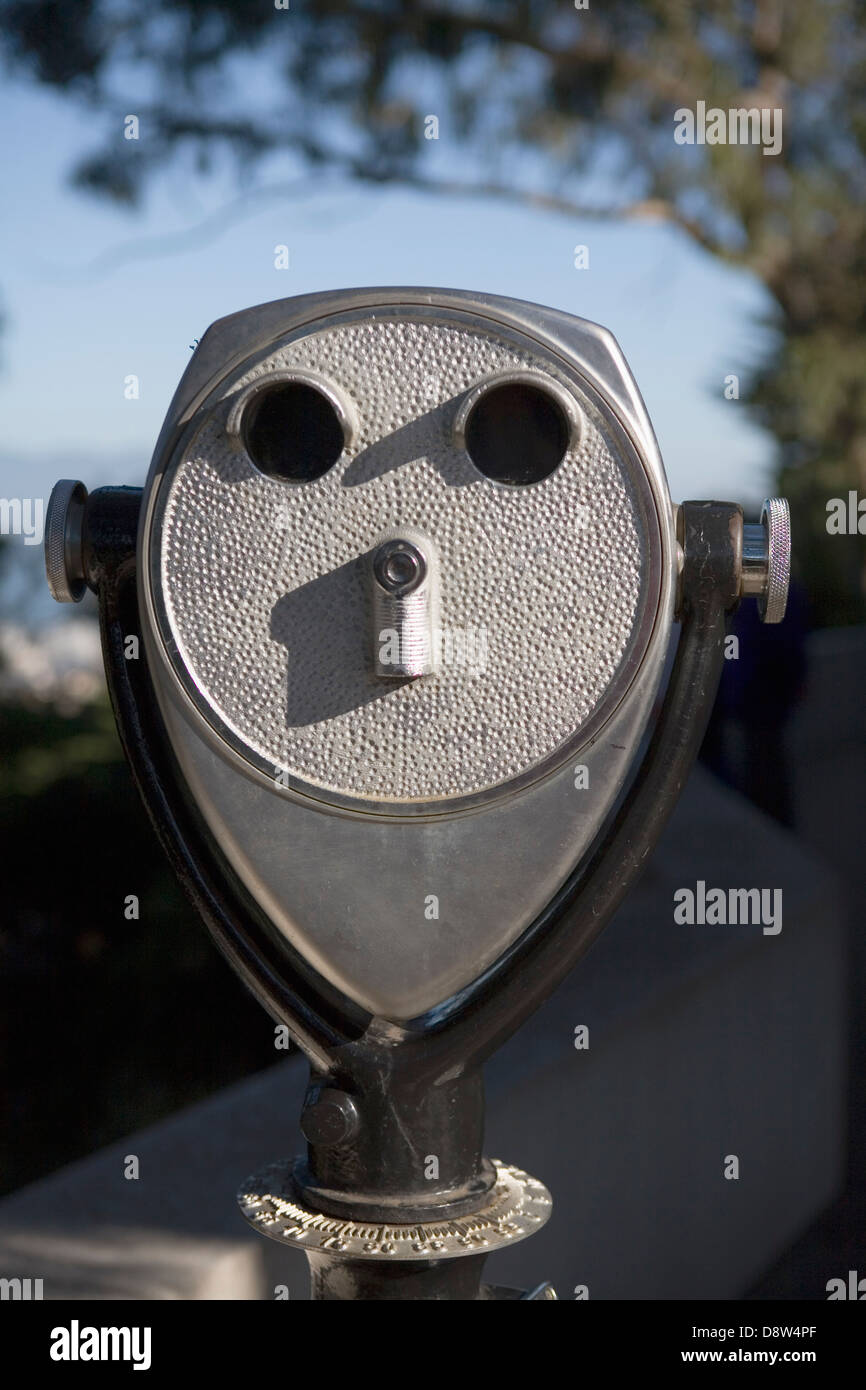 Fixed binoculars at lookout on Telegraph Hill, looking like a face, San ...