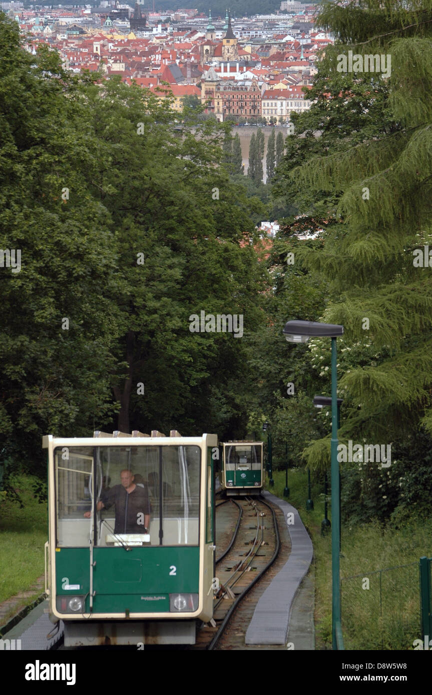 The funicular railway in Petrin hill Mala Strana Prague Czech republic ...