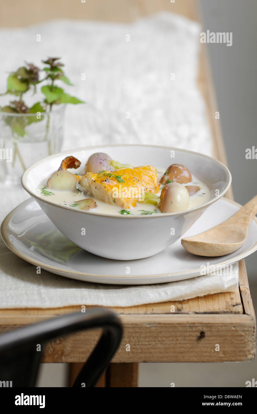 Smoked haddock boiled in milk with turnips Stock Photo - Alamy
