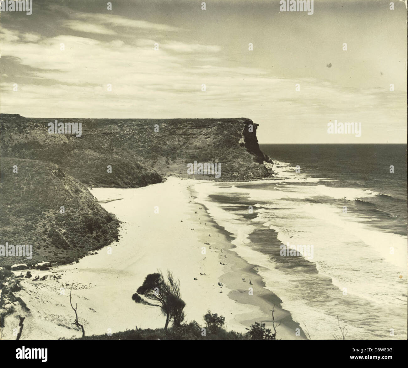 This black-and-white photograph offers a scenic view of Garie Beach in ...