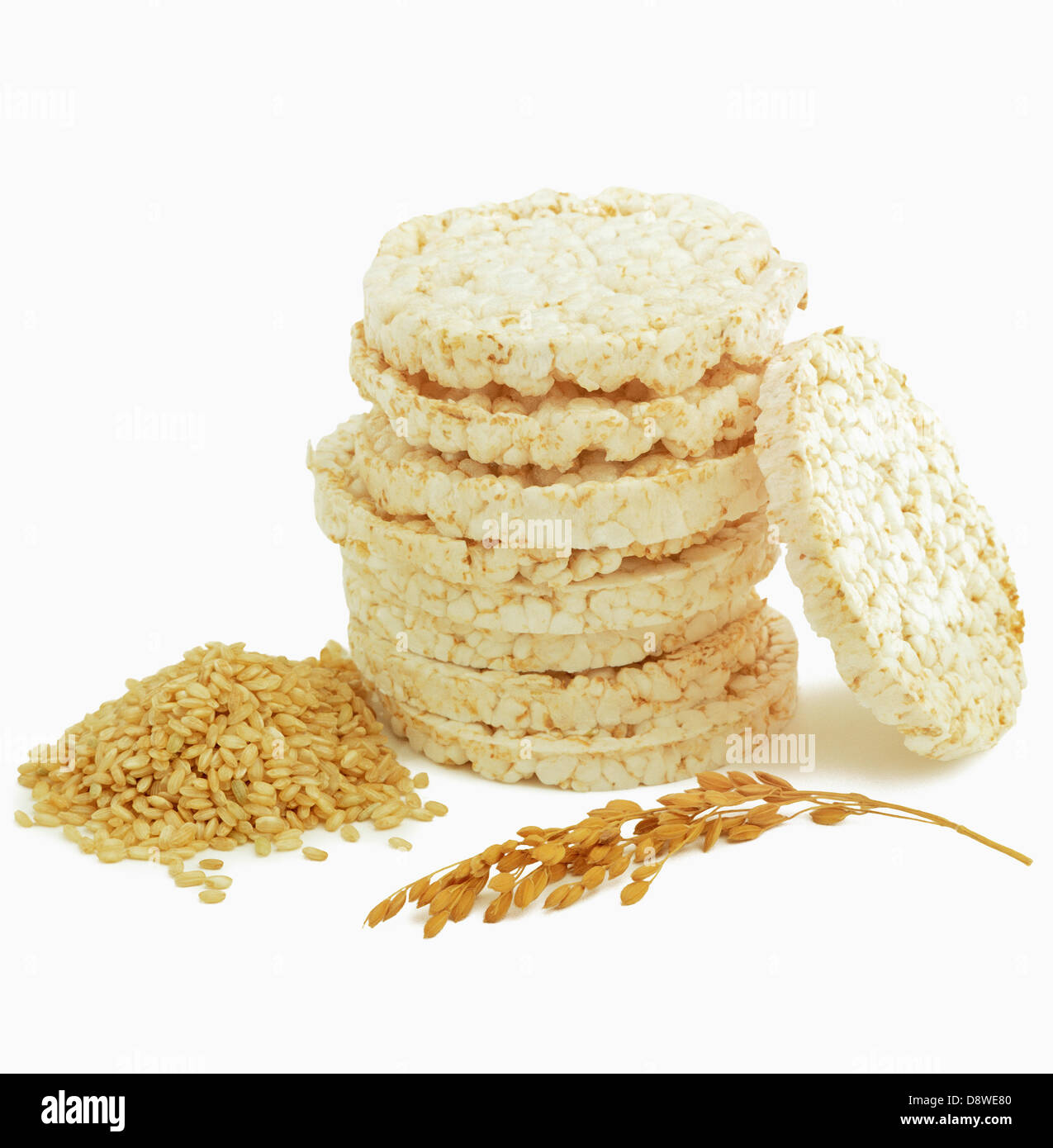Puffed rice cakes with freshly picked brown rice Stock Photo - Alamy