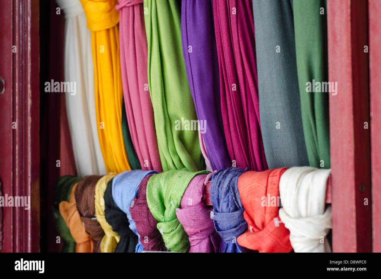 Silk scarf in street shop of City centre of Madrid, Spain Stock Photo ...
