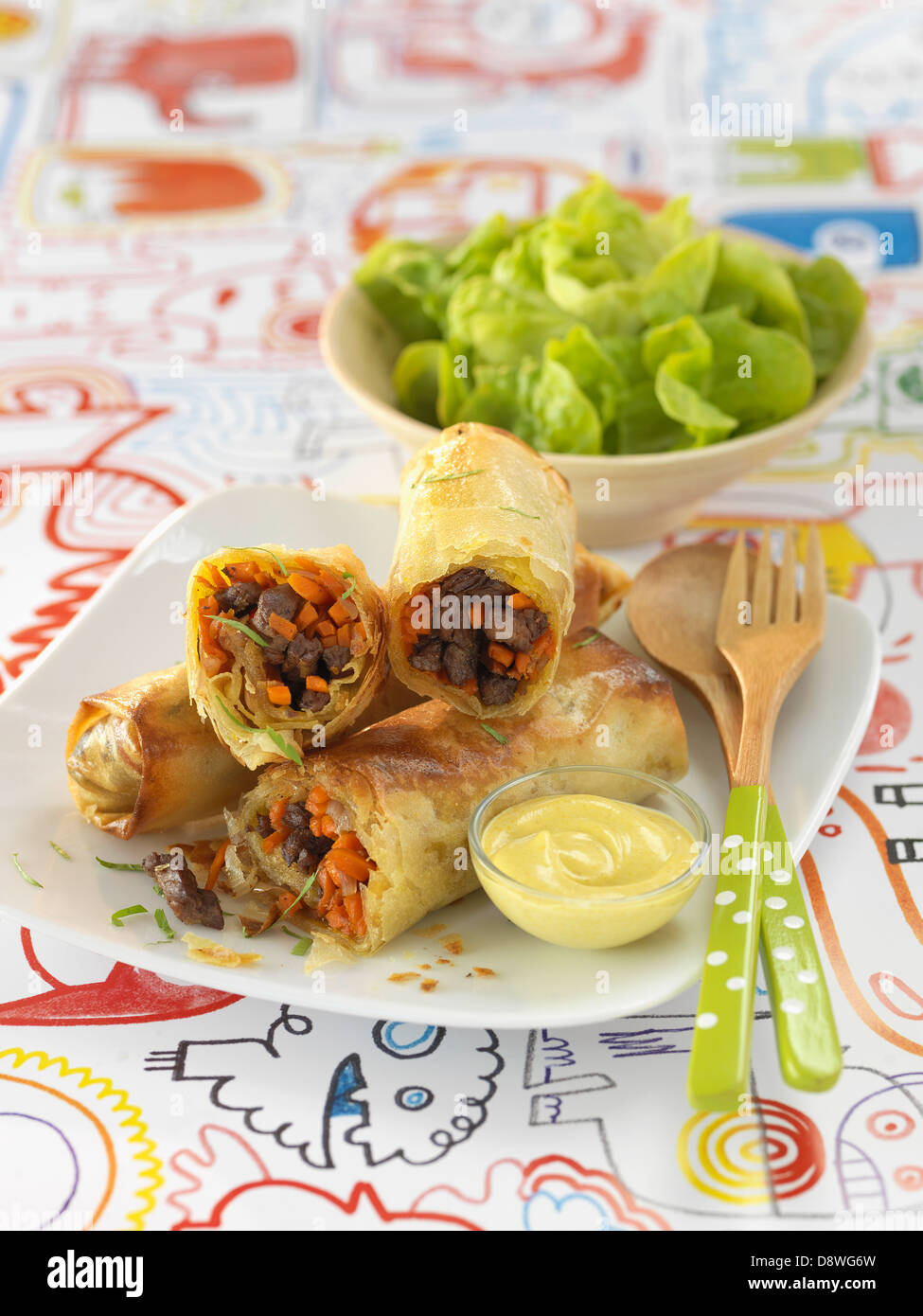 Crisp beef filo pastry rolls Stock Photo - Alamy