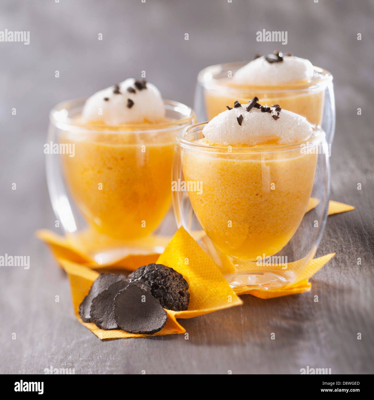 Pumpkin mousse with truffle emulsion Stock Photo - Alamy