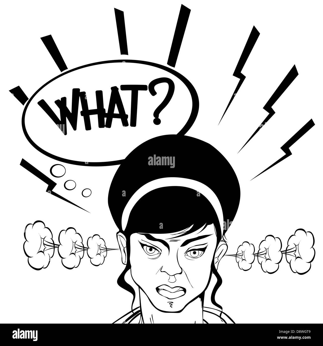 Comic style drawing of a teenage woman expressing anger, confussion and ...
