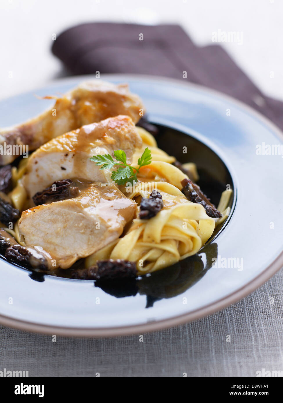 Yellow chicken from the south-west of France,tagliatelles with morels ...