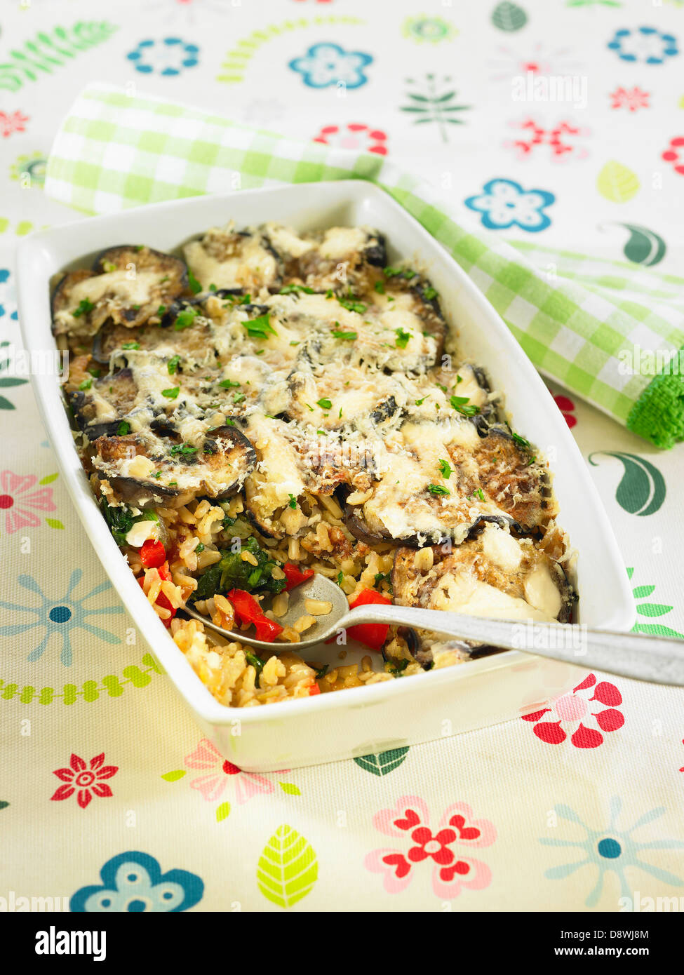 Eggplant,seaweed,brown rice and red pepper moussaka Stock Photo - Alamy