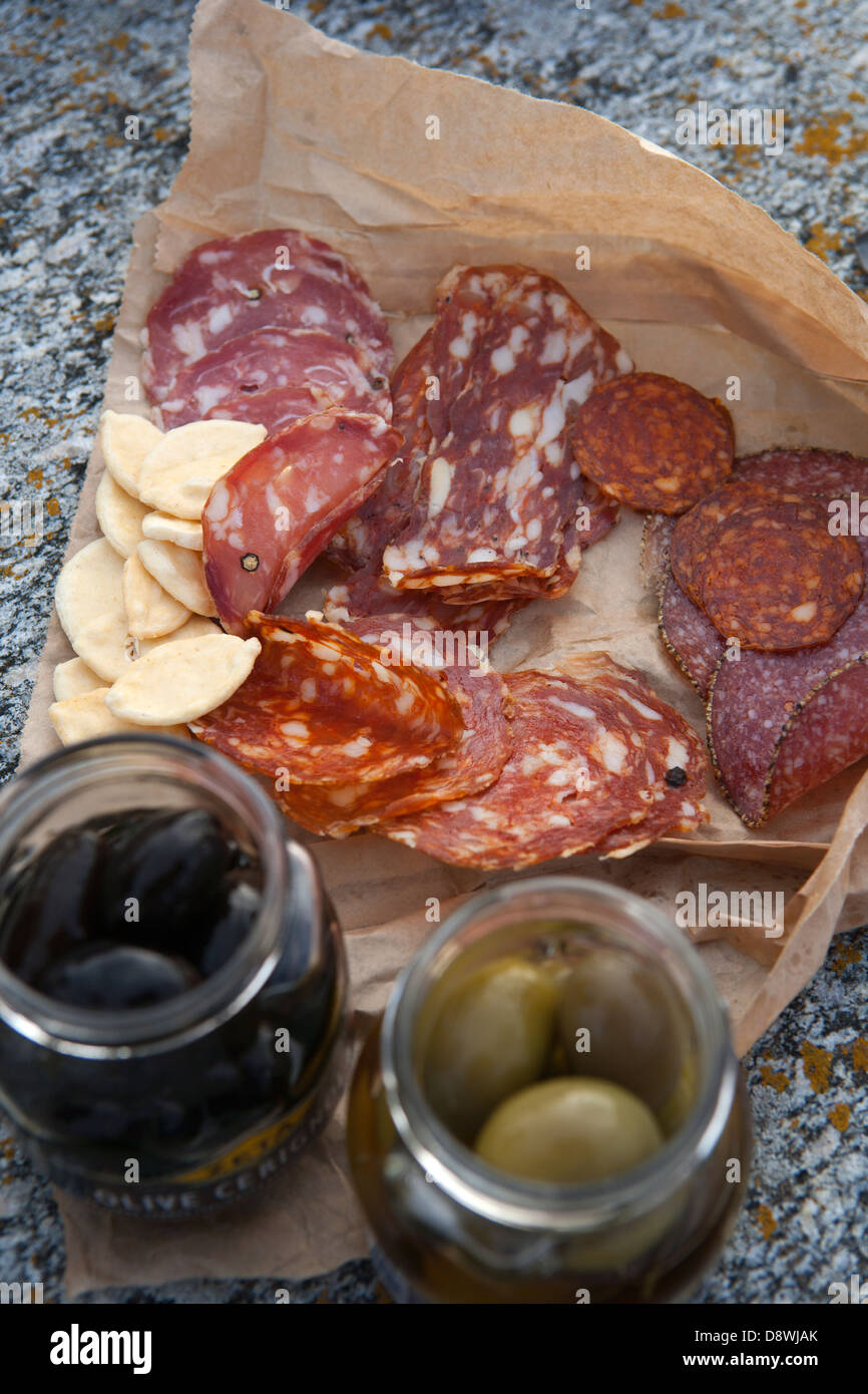 Salami and olive at picnic Stock Photo - Alamy