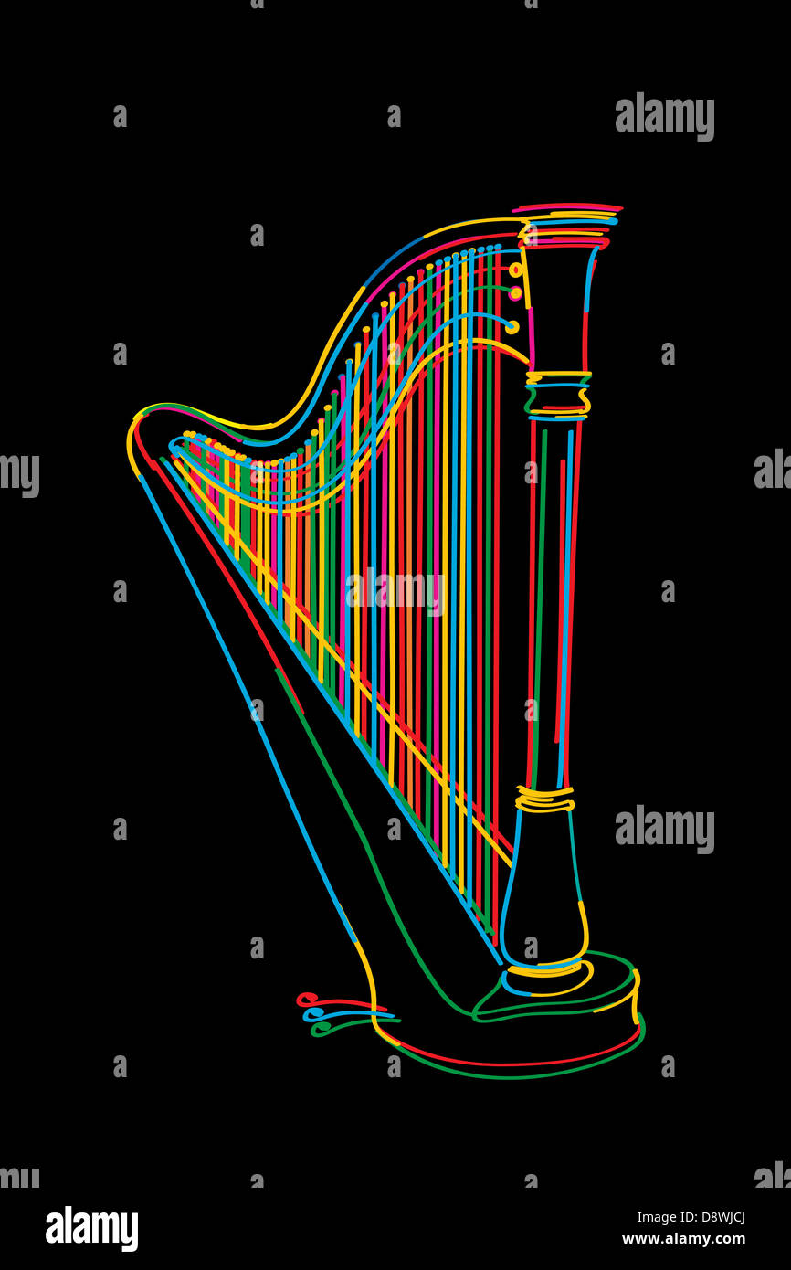 Decorated harp sketch in colors over black Stock Photo - Alamy