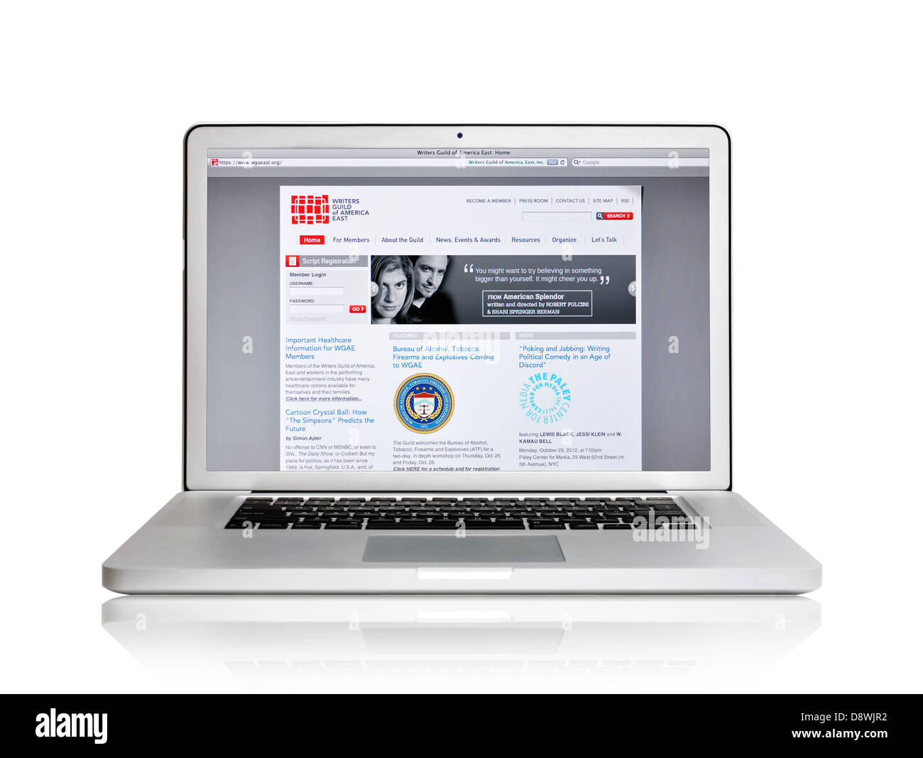 Laptop screen showing Writer's Guild of America East website Stock ...