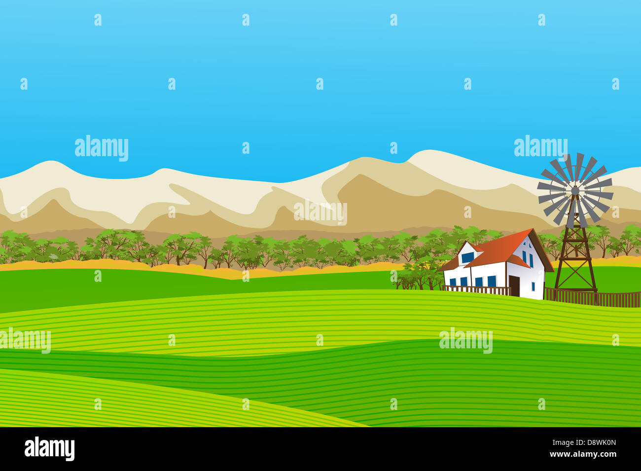 Rural landscape with isolated farm and mountains background Stock Photo ...