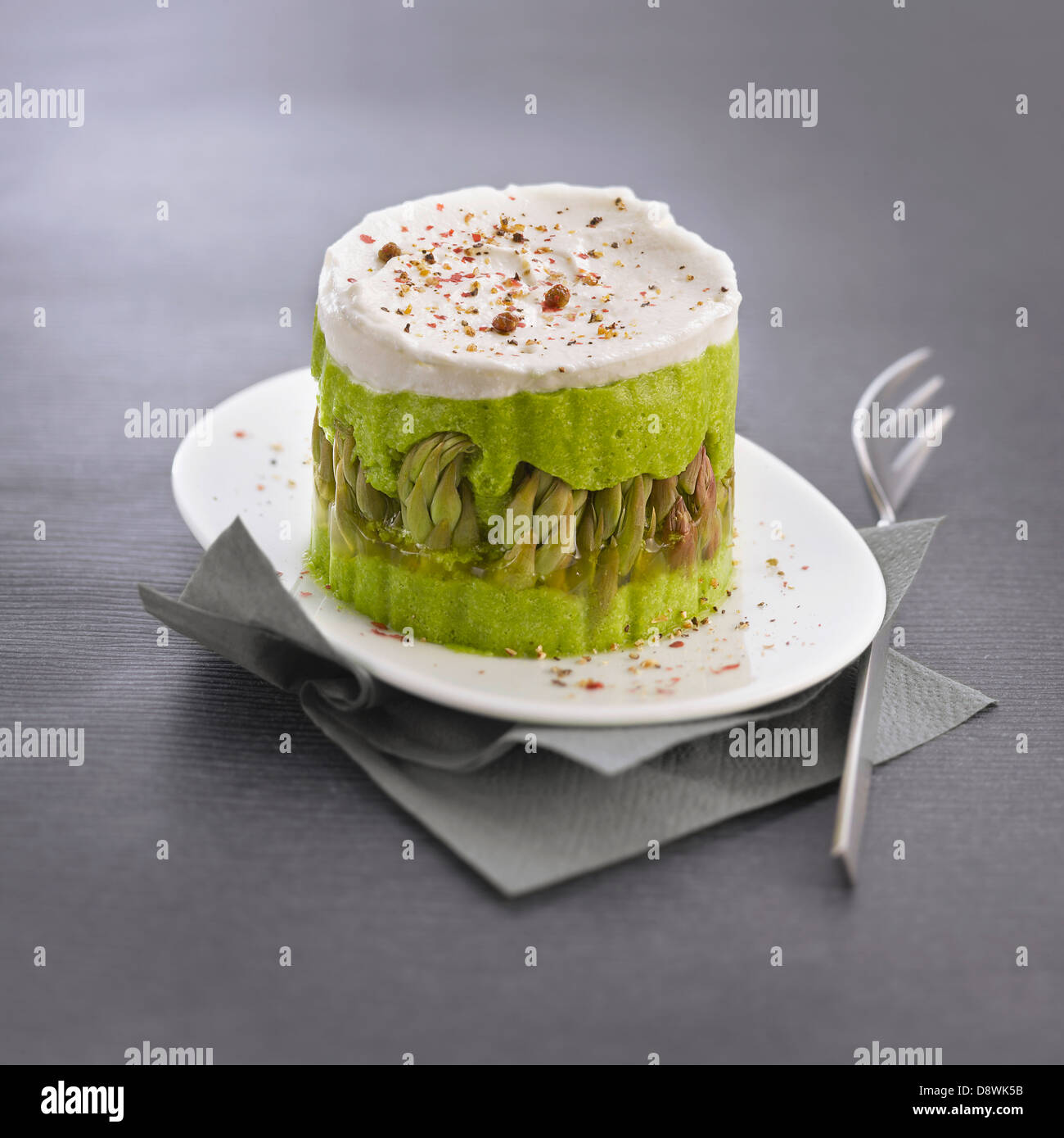 Pea mousse with asparagus and goat's cheese Stock Photo - Alamy