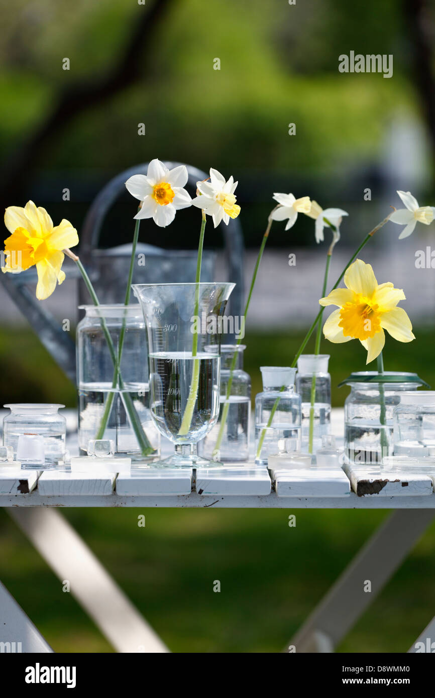 Flowers on garden table Stock Photo - Alamy