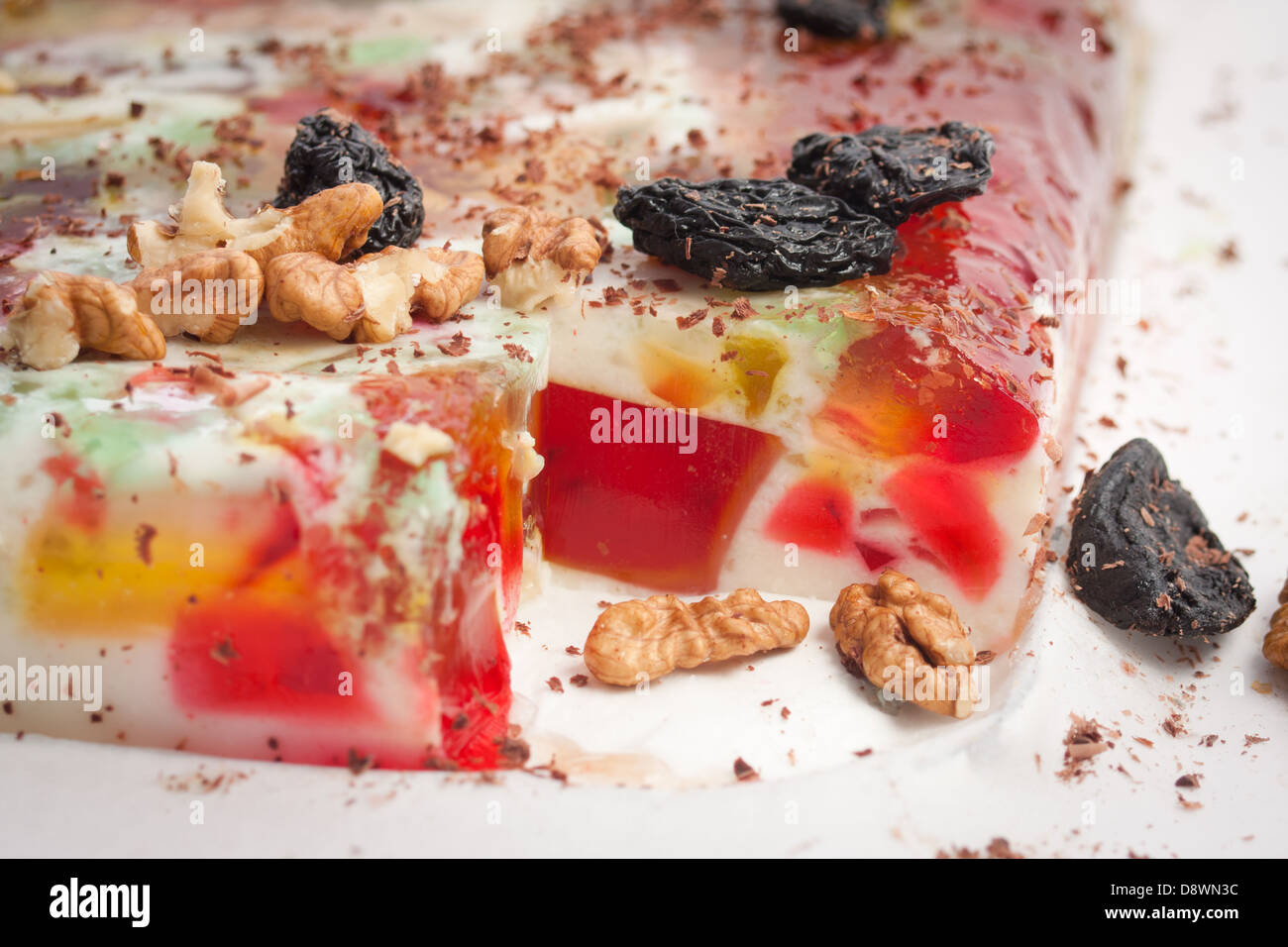 sweet cold red jelly pie with prune, walnut aand chocolate Stock Photo ...