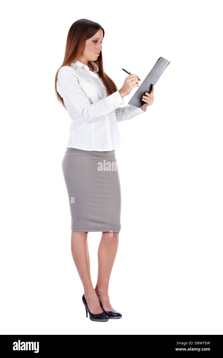 Businesswoman write something isolated on white, full body Stock Photo ...