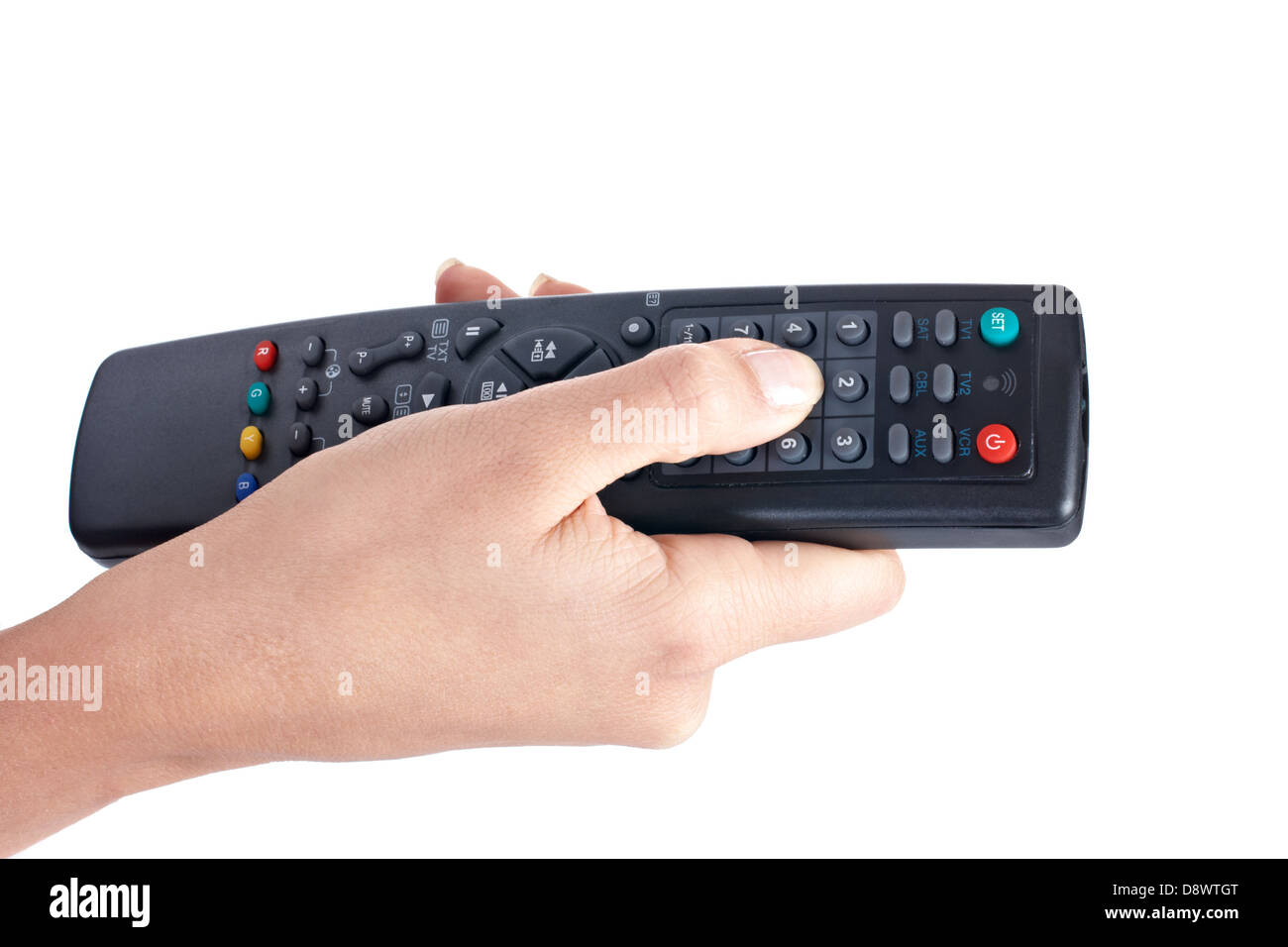 Remote control in hand isolated on white Stock Photo - Alamy