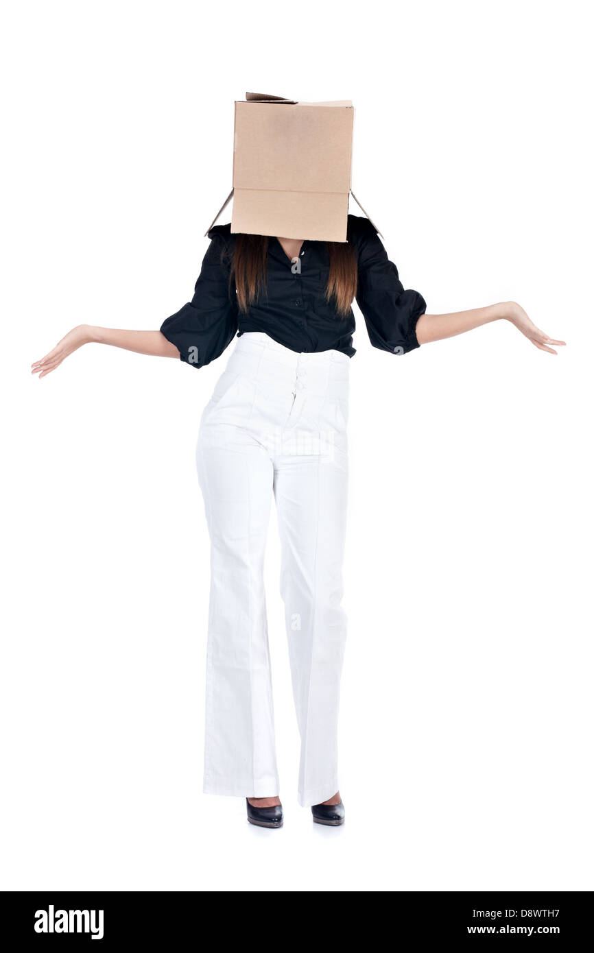 Businesswoman with cardboard box over head Stock Photo - Alamy