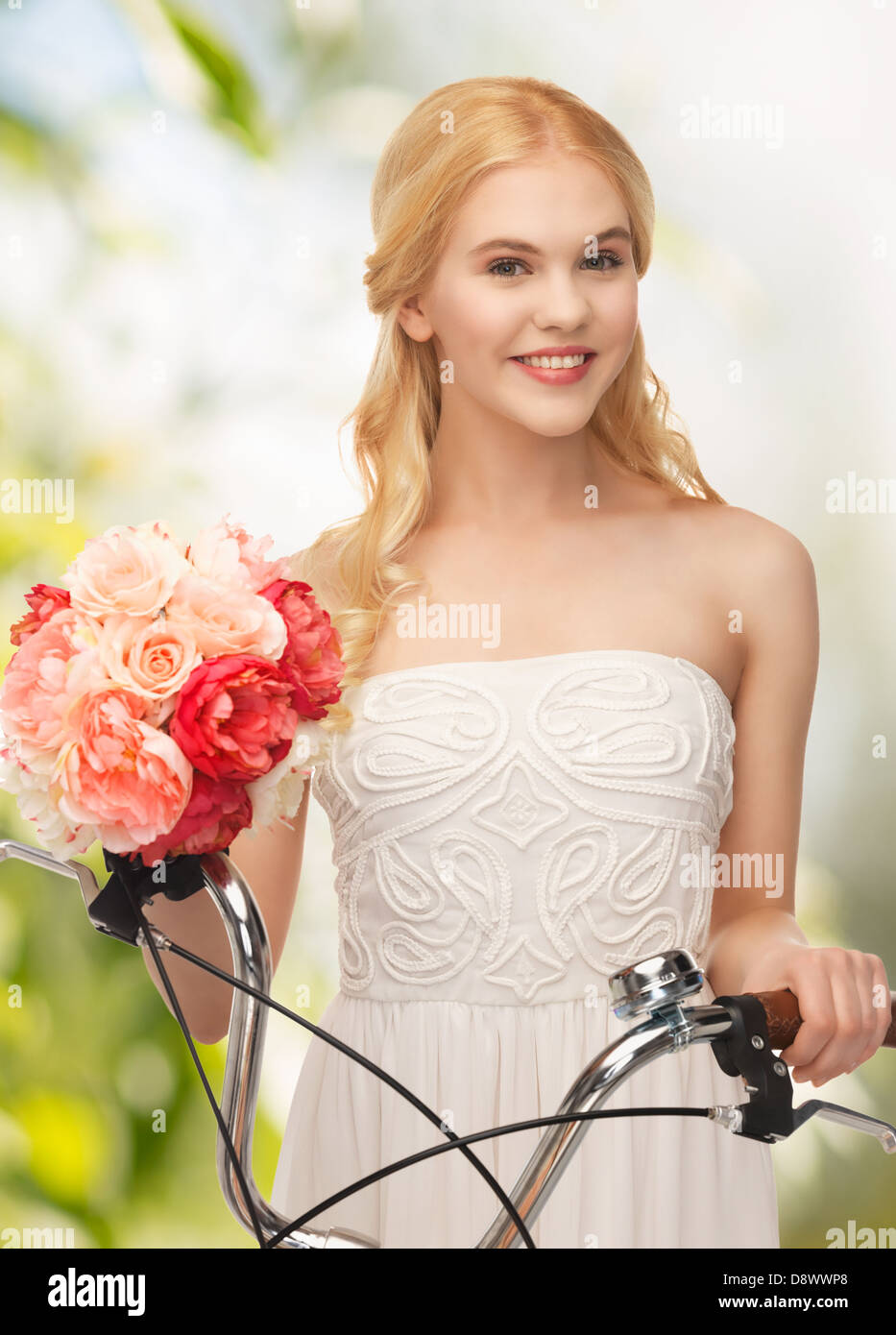 country girl with bicycle and flowers Stock Photo - Alamy
