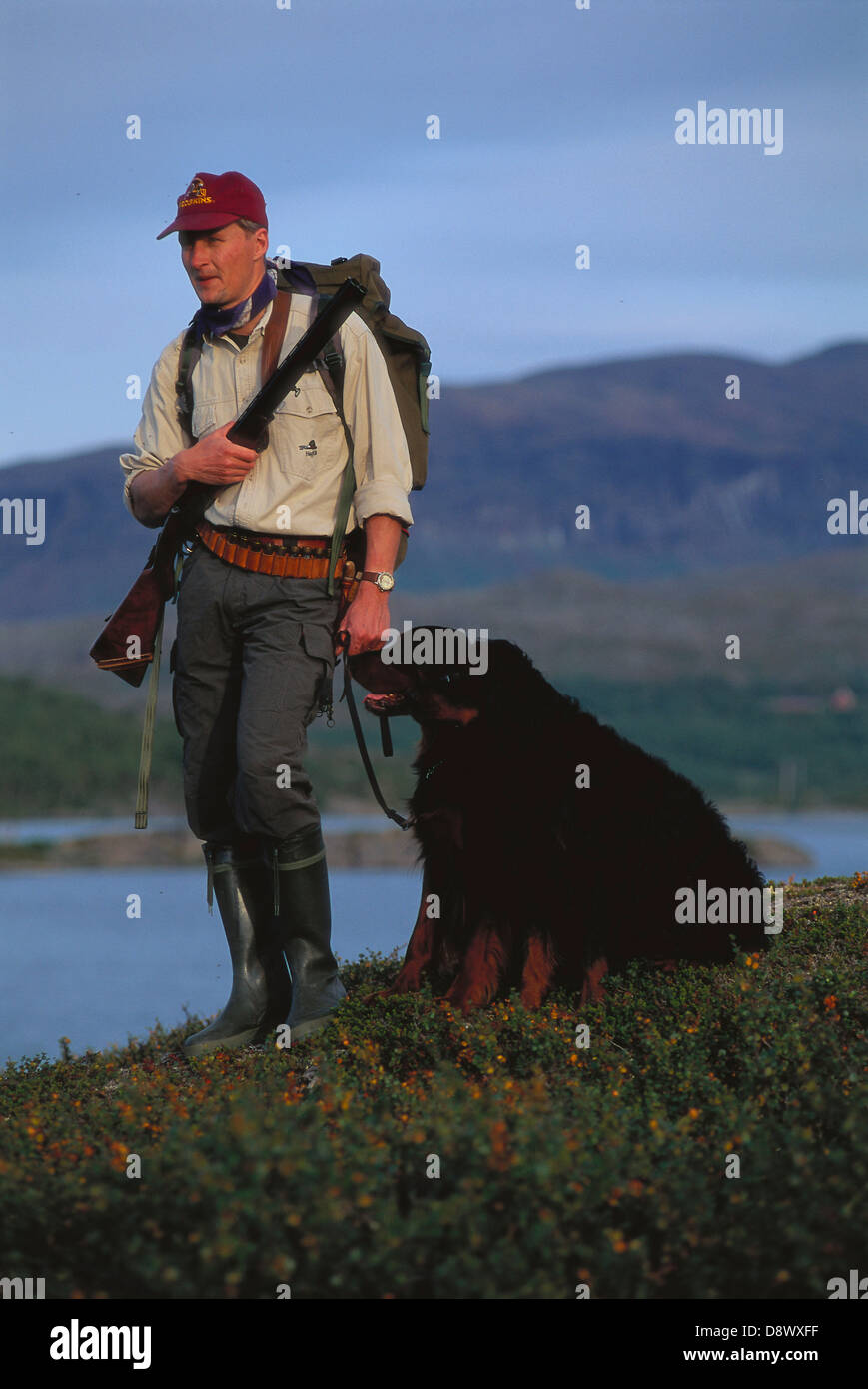 Hunter with gun and hunting dog in mountain landscape Stock Photo - Alamy