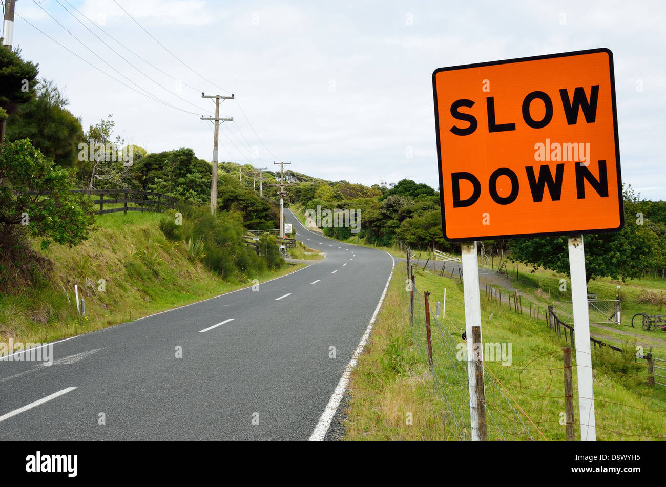 A road sign indicating to slow down, located on an asphalt road. The ...