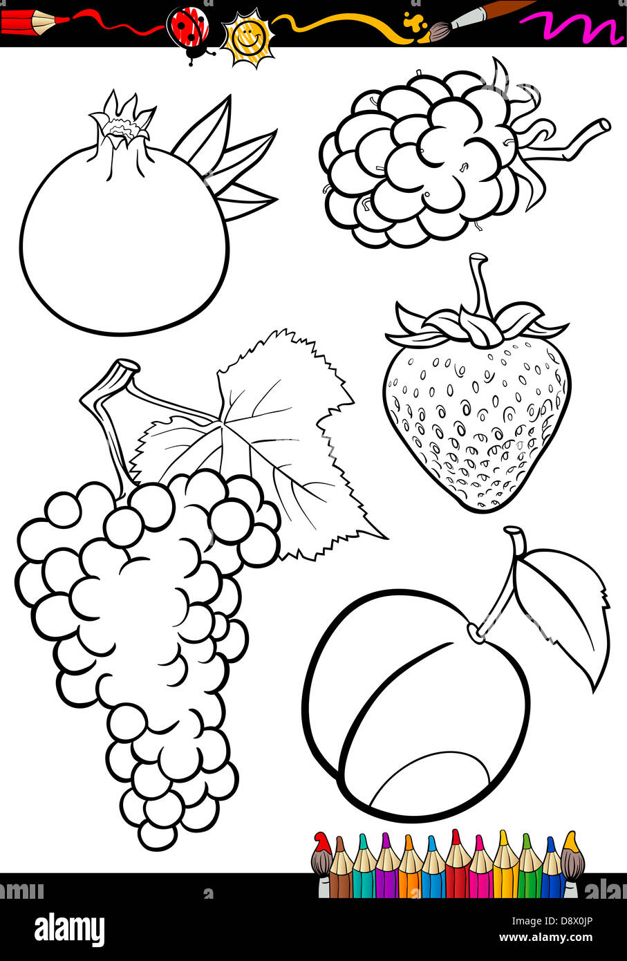 Coloring Book or Page Illustration of Black and White Fruits Food ...