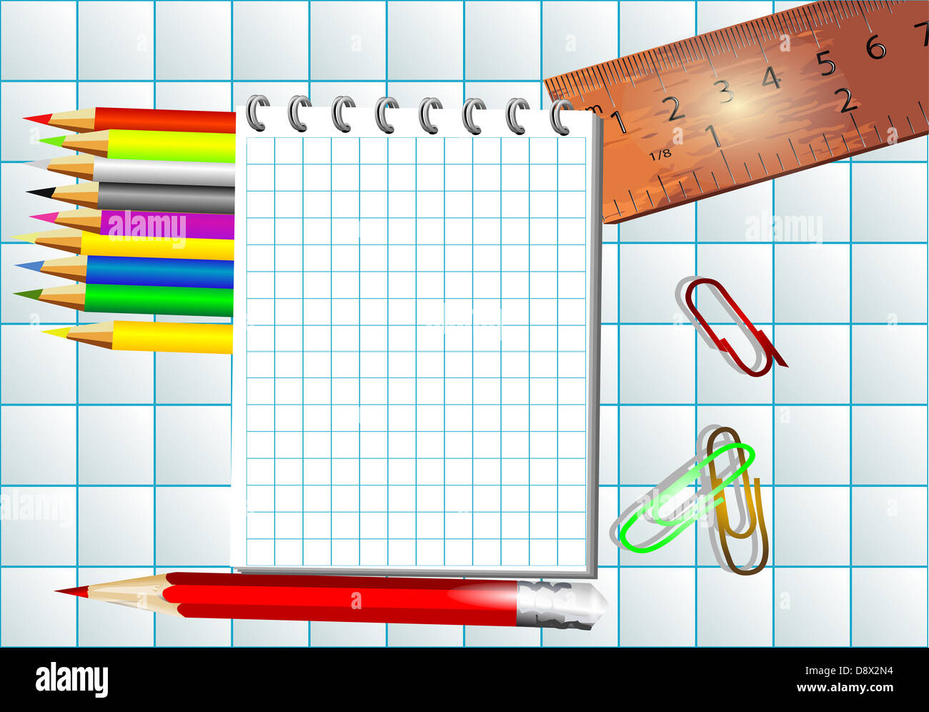 Mathematics background with a ruler, pencil and notepad Stock Photo - Alamy